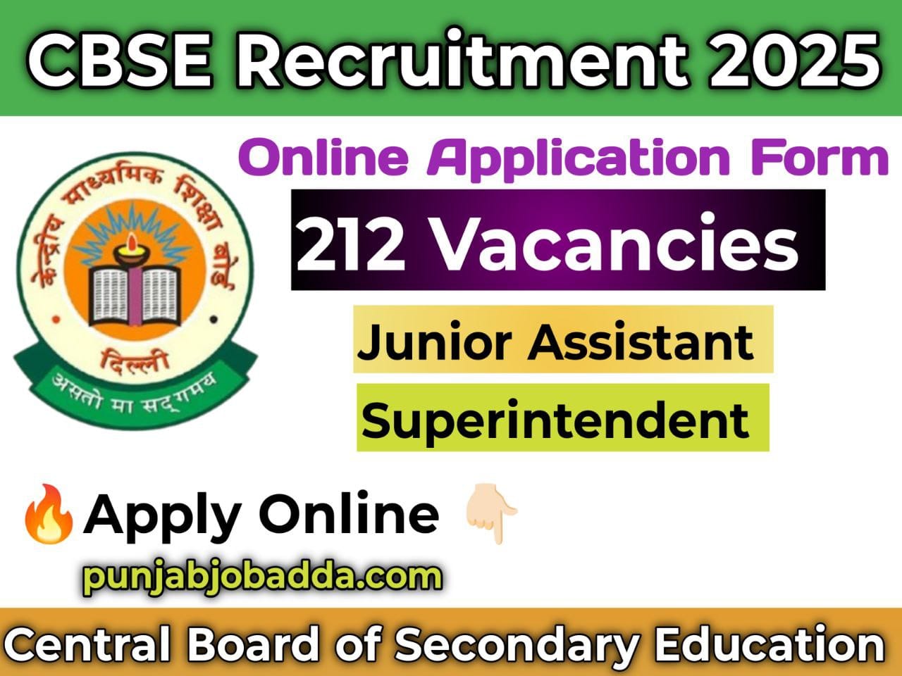 CBSE Recruitment 2025 apply Online Form for 212 Junior Assistant ...